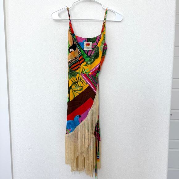 FARM Rio | Dresses | Farm Rio Wrap Mini Dress Fringe Tropical Parrot ...